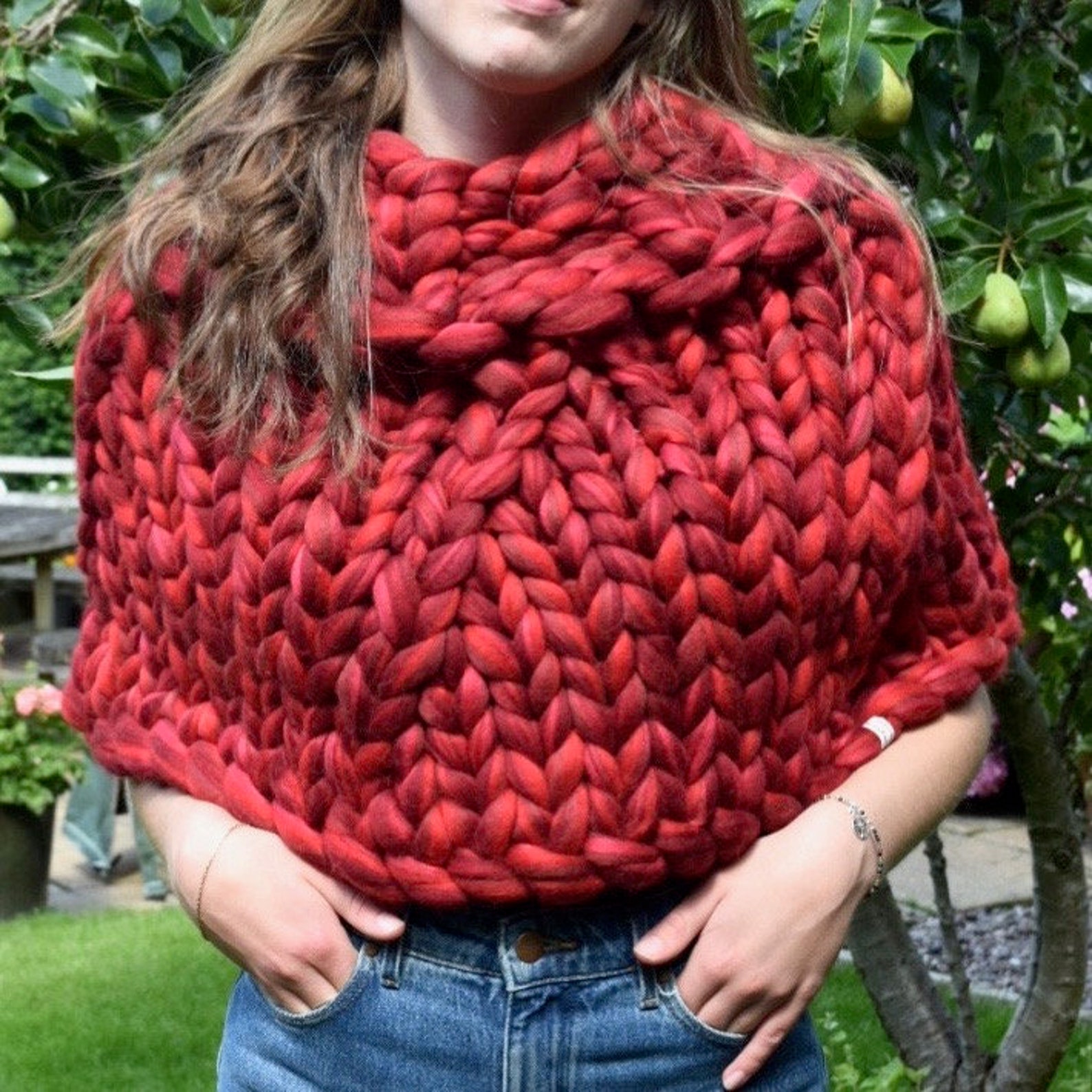 Limited Edition Passion Red Chunky Knit Poncho Merino Wool | Etsy