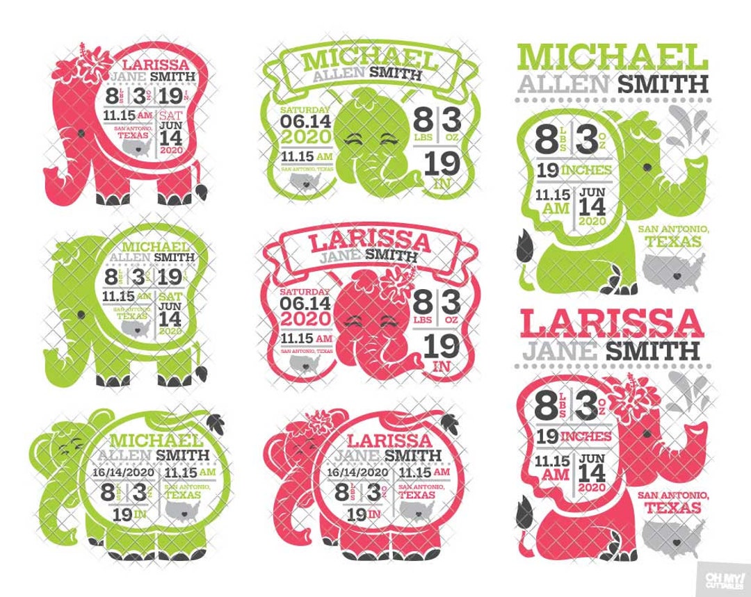 Elephant Birth Stats SVG Vol. 2 Baby Announcement Template With DXF and ...