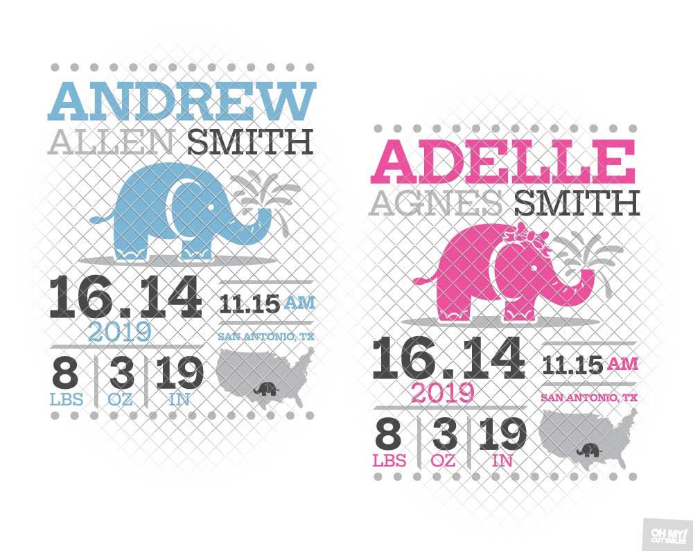 Editable Elephant Birth Announcement Template, Birth Stats Svg, Baby ...