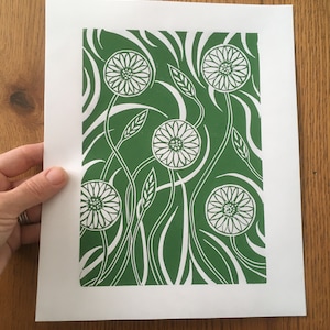 Green Daisies Patterned Lino Print, Floral Handmade Print, Daisy Block ...