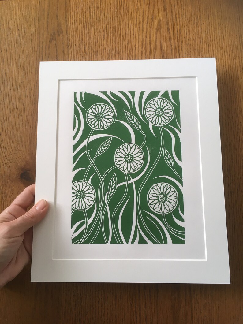 Green Daisies Patterned Lino Print, Floral Handmade Print, Daisy Block ...