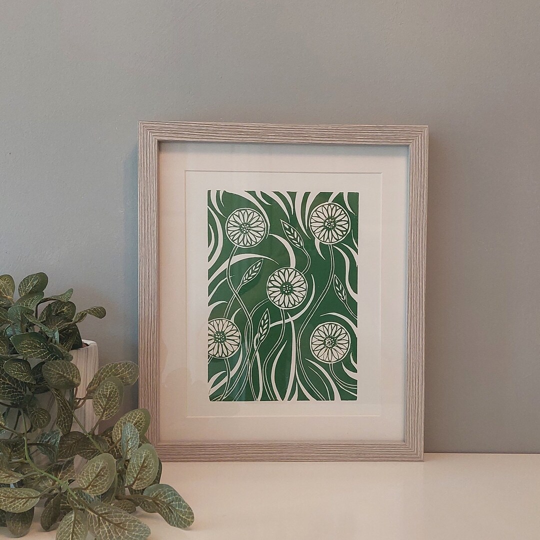 Green Daisies Patterned Lino Print, Floral Handmade Print, Daisy Block ...