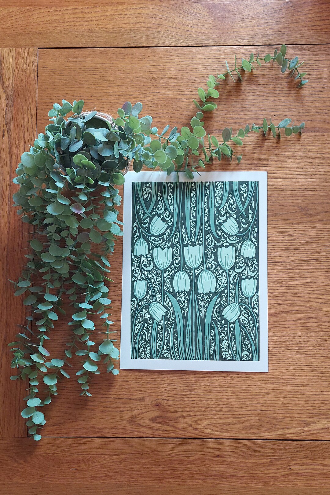 Tulip Lino Print, Green Floral Linocut, Tulip Pattern Art, Spring ...