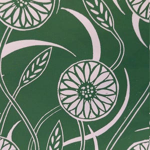 Green Daisies Patterned Lino Print, Floral Handmade Print, Daisy Block ...