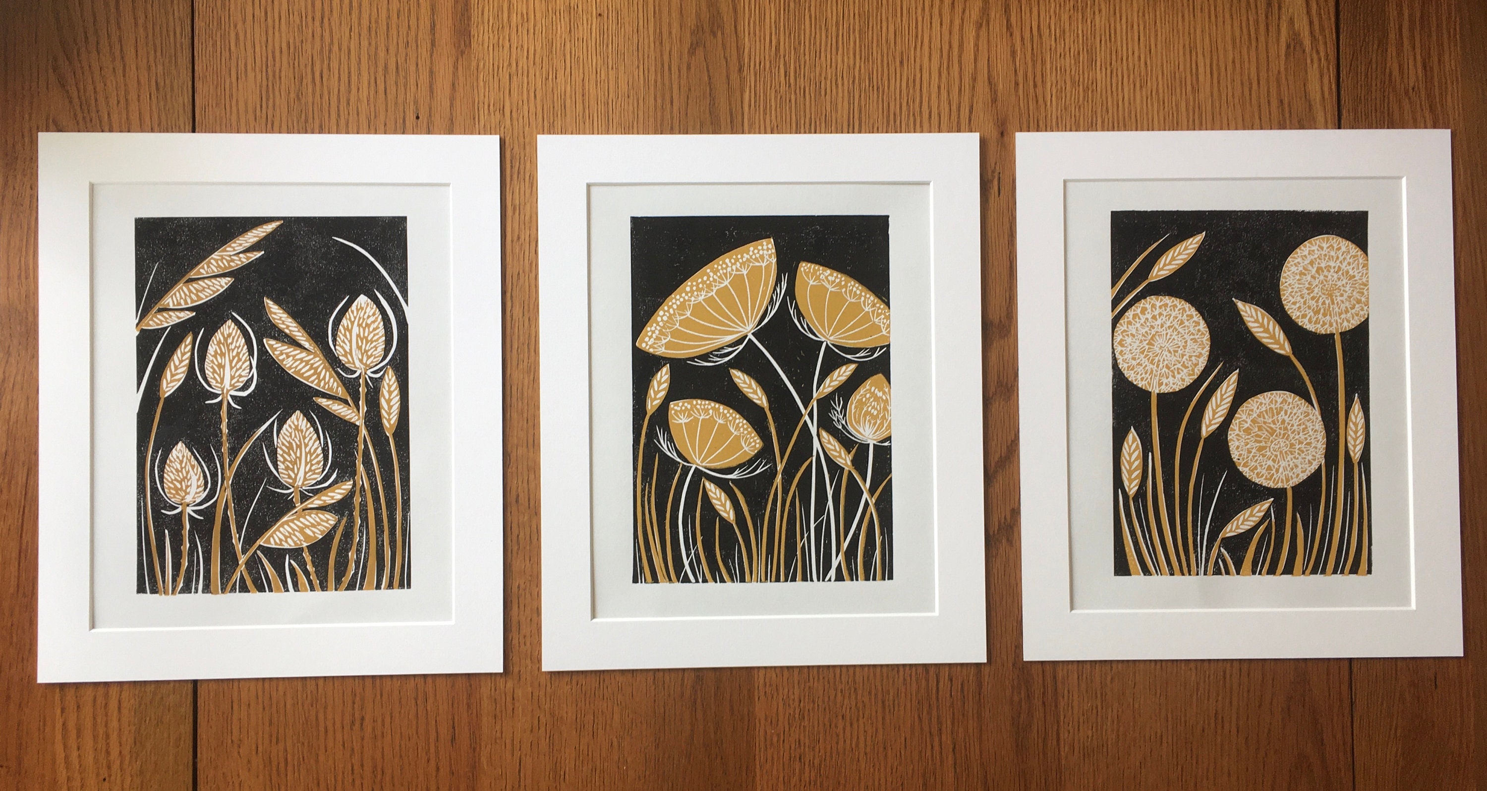 Teasel lino Print Wild plants artwork Black and Ochre decor | Etsy