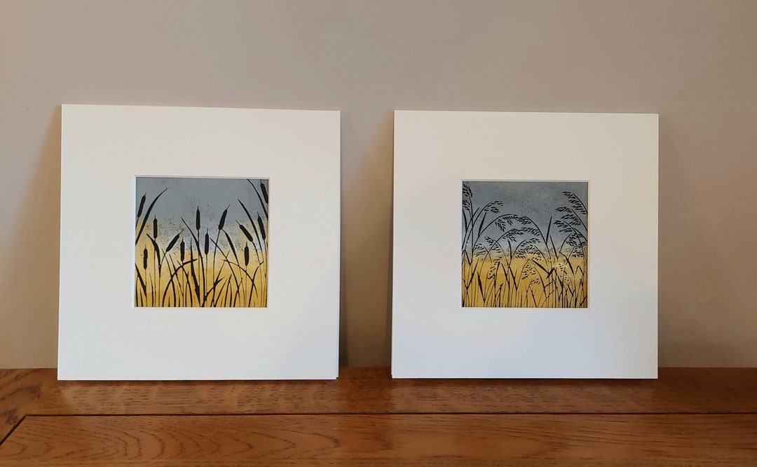 Bulrushes and Reeds Lino Prints, Grey and Ochre Print, Landscape Block ...