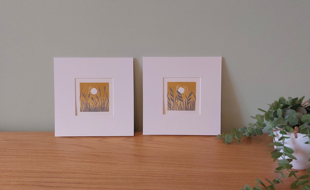 Ochre and Grey Lino Prints, Landscape Lino Print, Reeds and Grasses ...