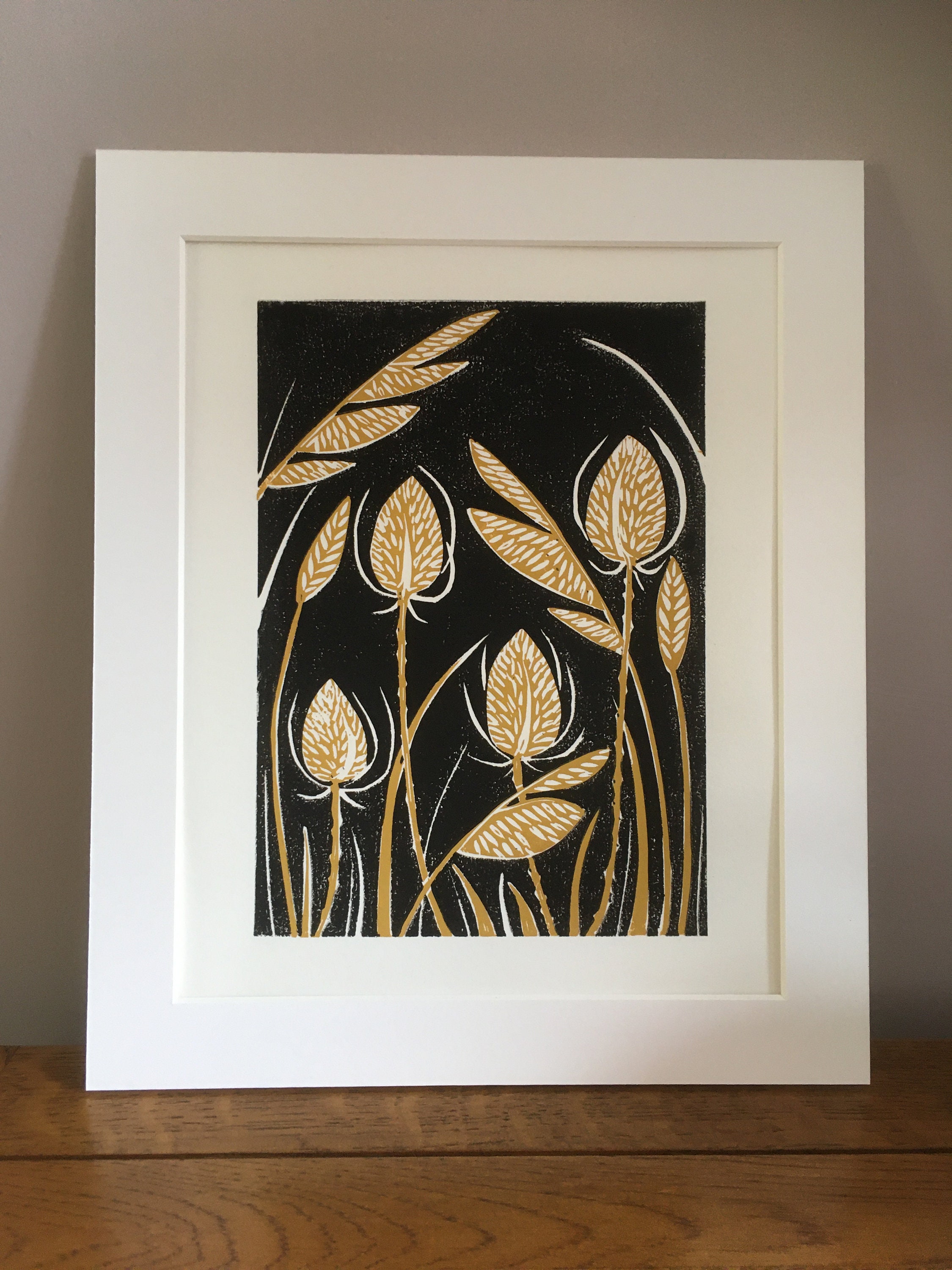 Teasel lino Print Wild plants artwork Black and Ochre decor | Etsy