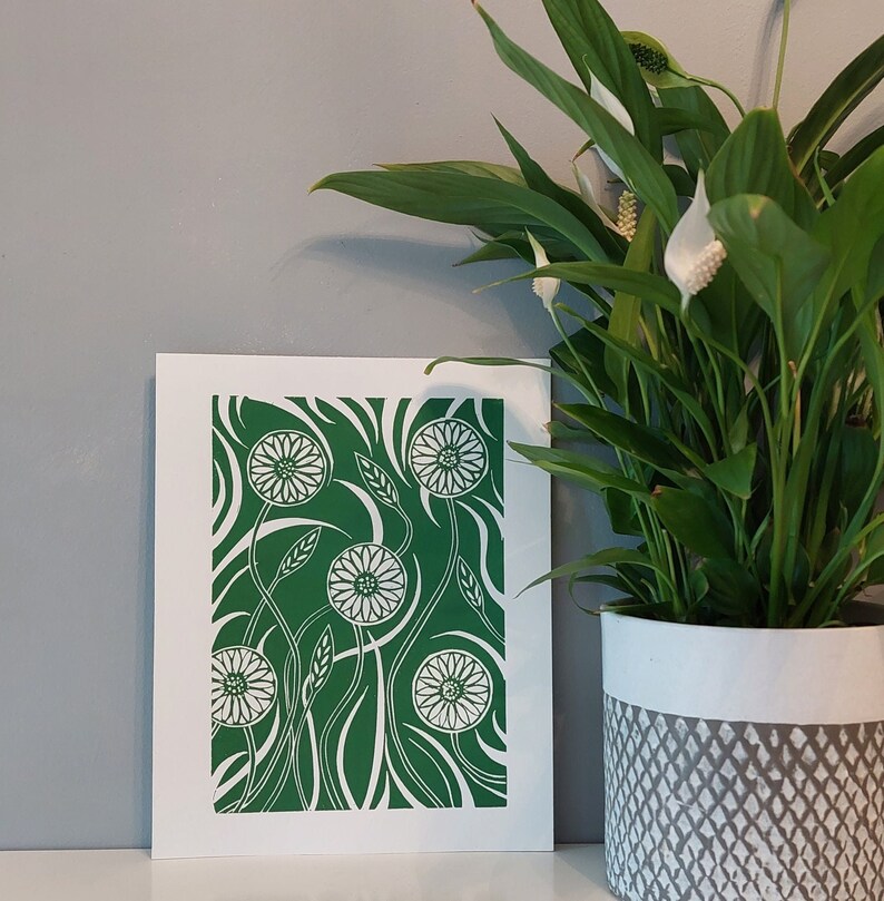 Green Daisies Patterned Lino Print, Floral Handmade Print, Daisy Block ...