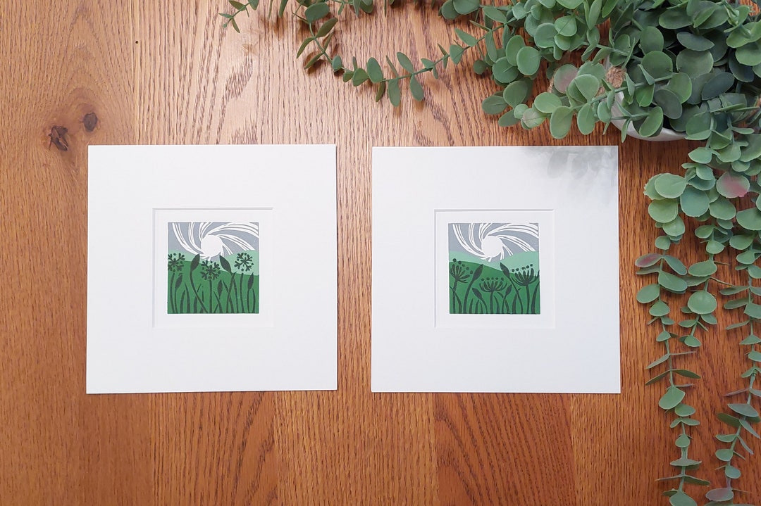 Landscape Print, Mini Landscape Art, Landscape Lino Print, Green and ...