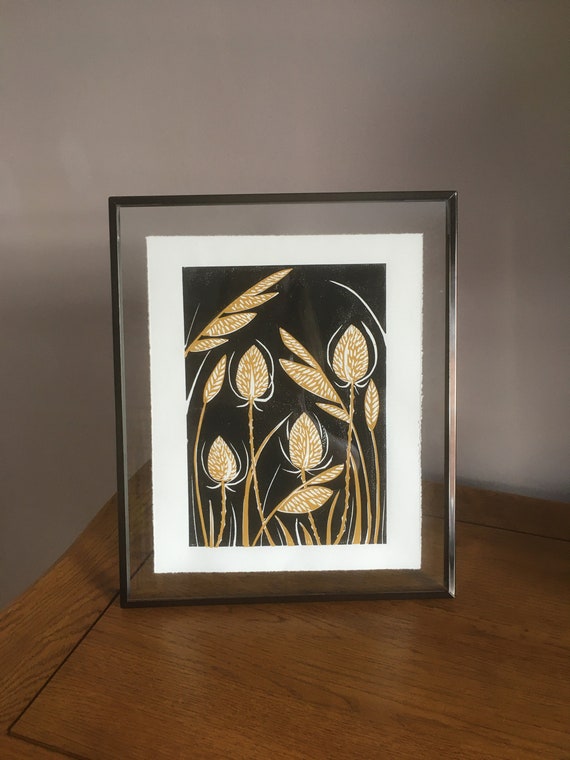 Teasel Lino Print Wild Plants Artwork Black and Ochre Decor | Etsy