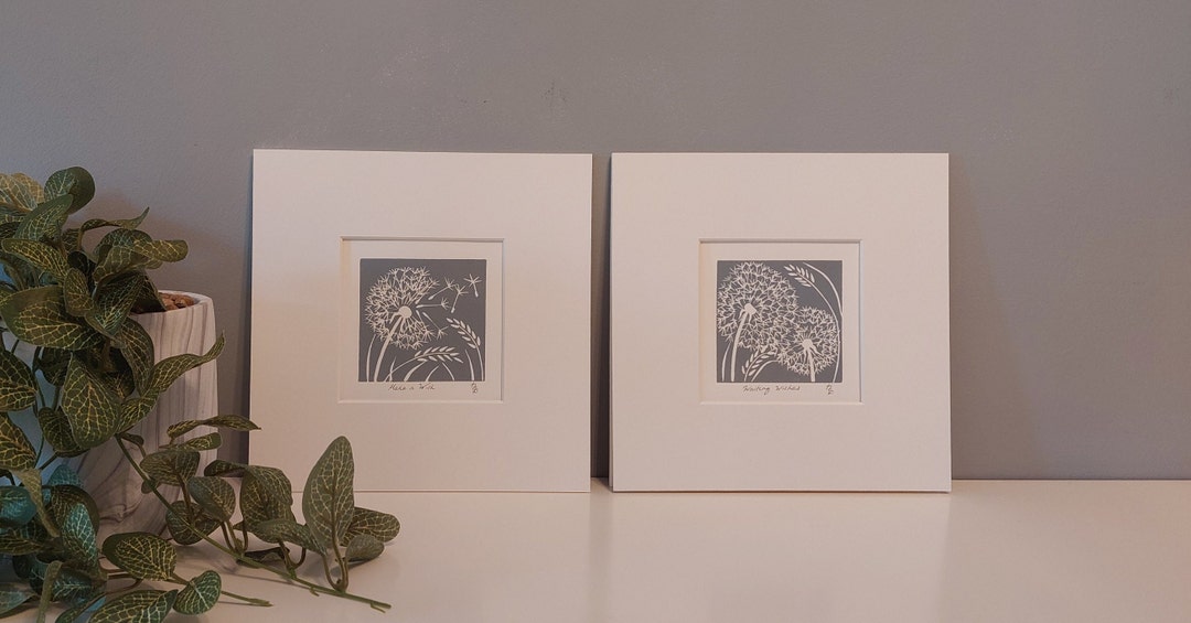 Dandelion Clock Lino Print Pair, Grey Wall Art, Flower Artwork ...
