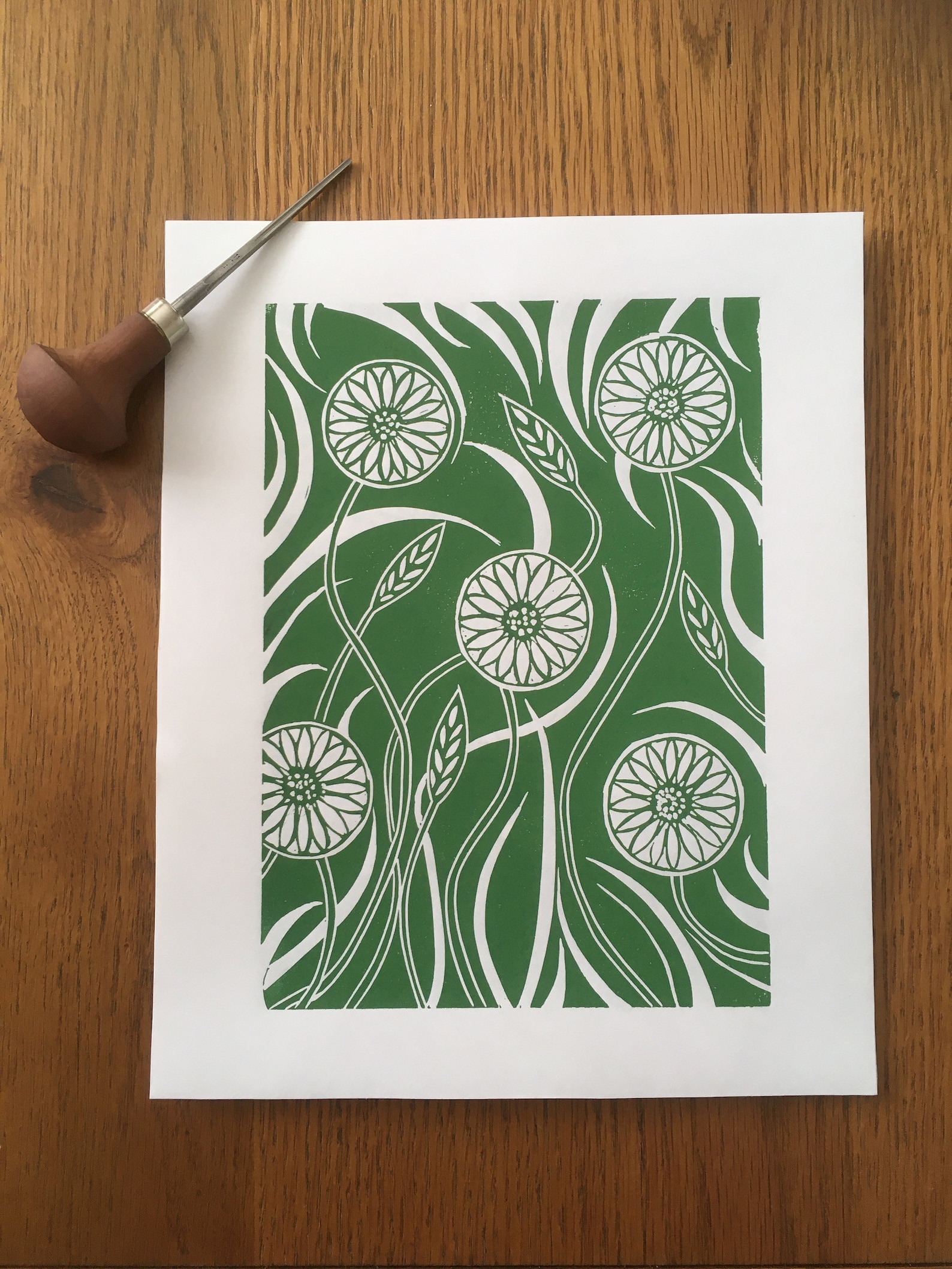 Green Daisies Patterned Lino Print, Floral Handmade Print, Daisy Block ...