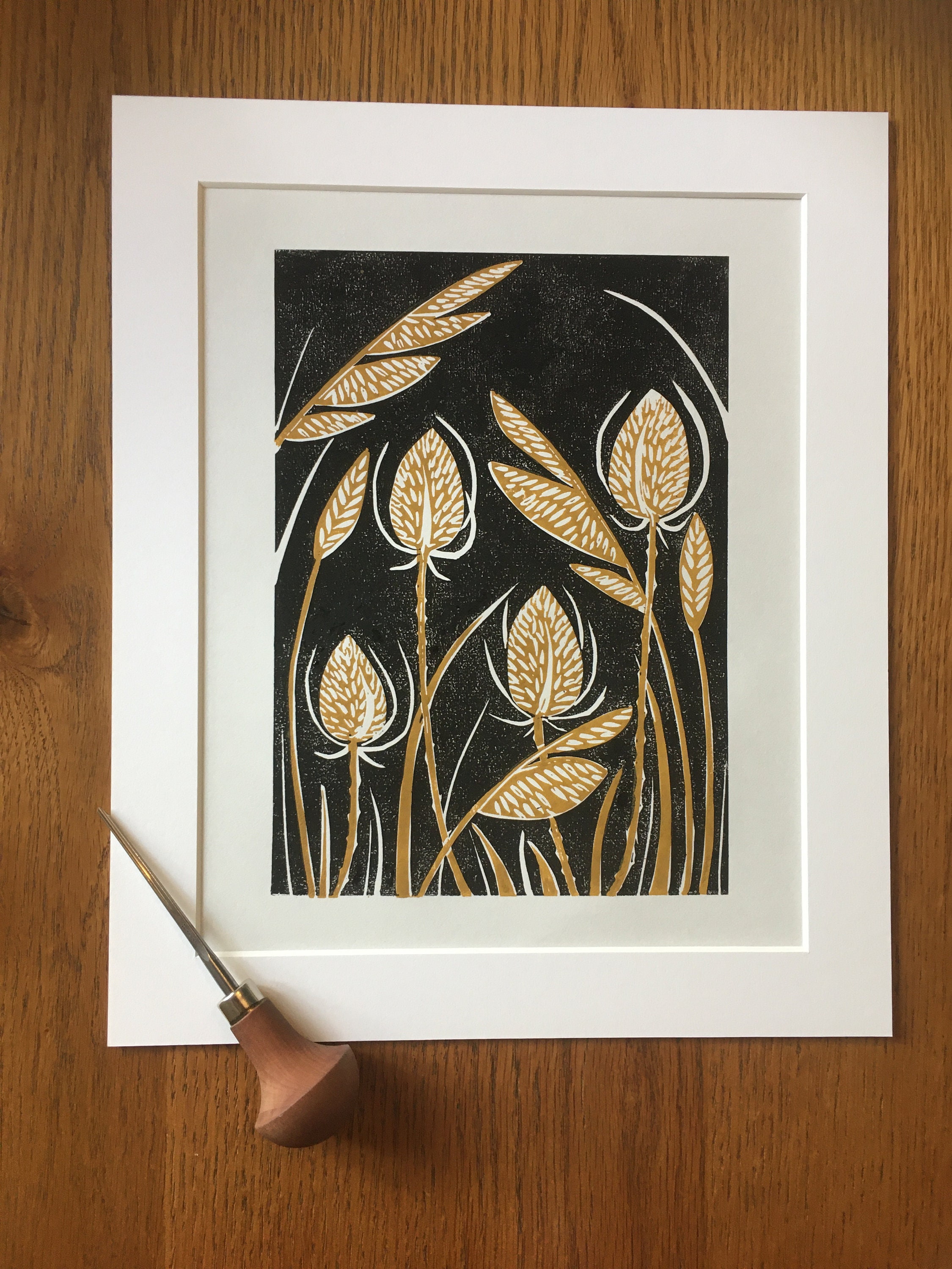 Teasel lino Print Wild plants artwork Black and Ochre decor | Etsy