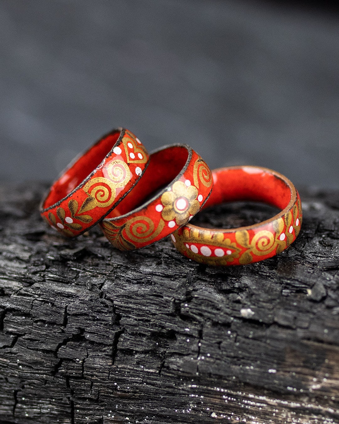 Vintage Enamel Ring - Handpainted Red & Gold - Etsy