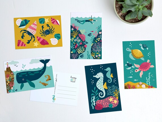 Sea Animals Postcards Ocean Life Illustration Whale Seahorse | Etsy