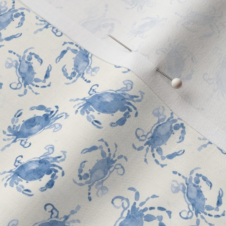 Blue Watercolor Crab Cotton Fabric by Yard or Fat Quarter, Nautical ...