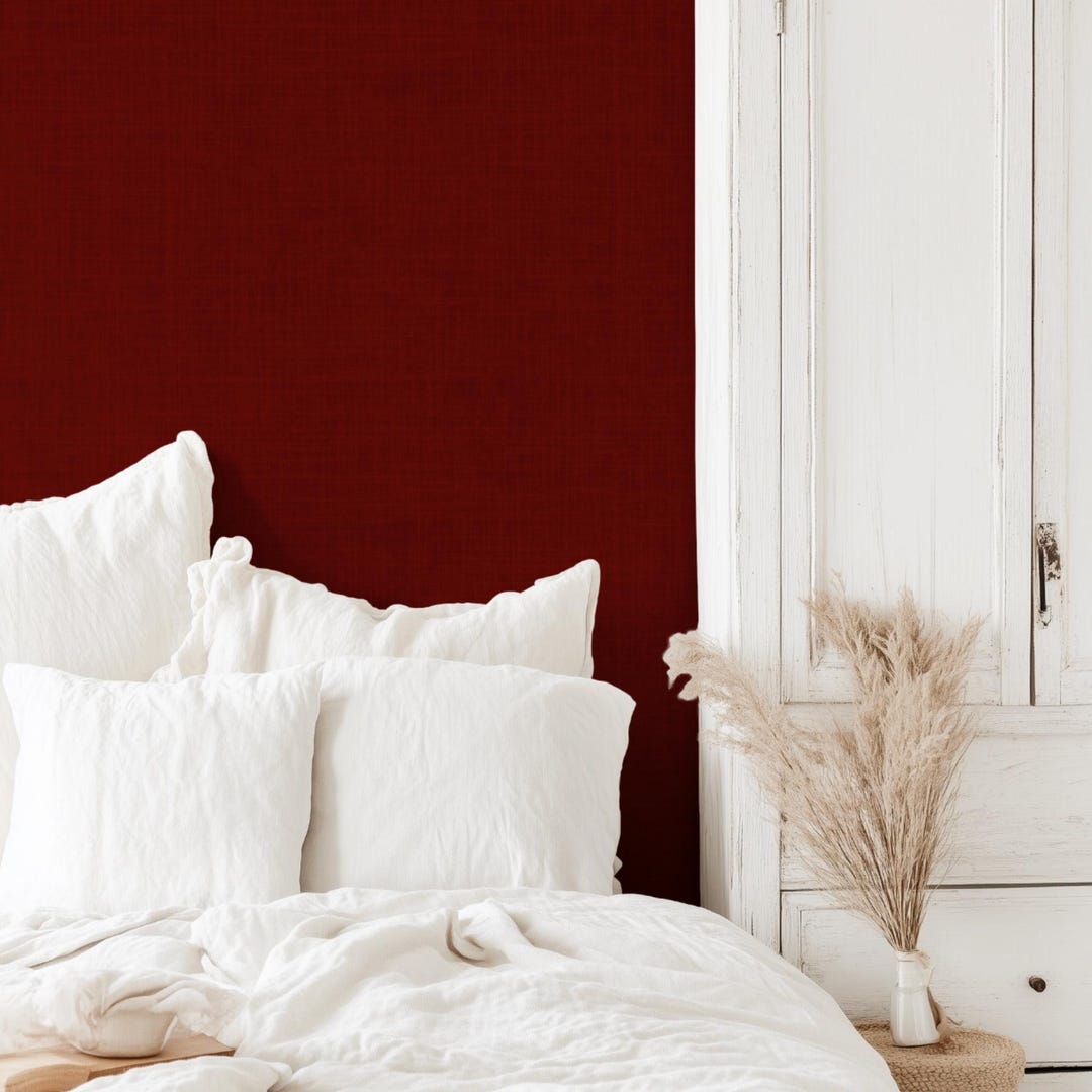 Deep Red Linen Textured Wallpaper, Peel & Stick or Prepasted, Moody ...