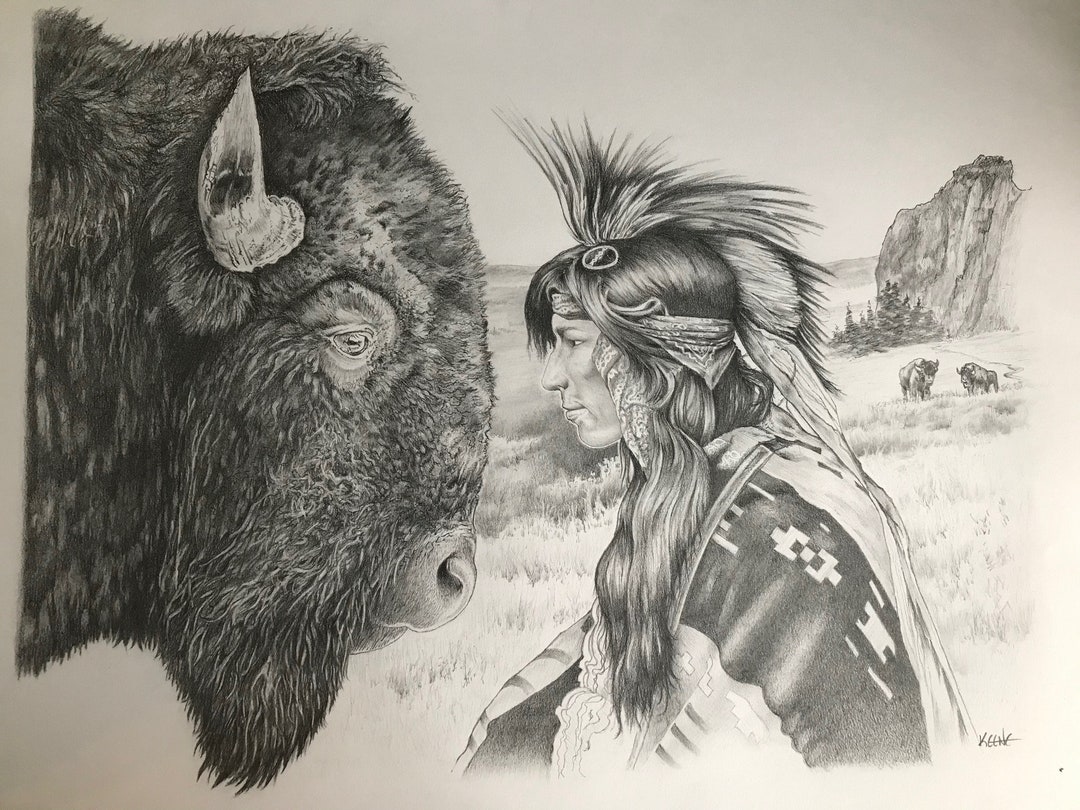 Buffalo and Indian Graphite Western Art. Hand-drawn Graphite and Pencil ...