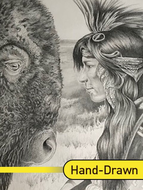 Buffalo and Indian Graphite Western Art. Hand-drawn Graphite and Pencil ...