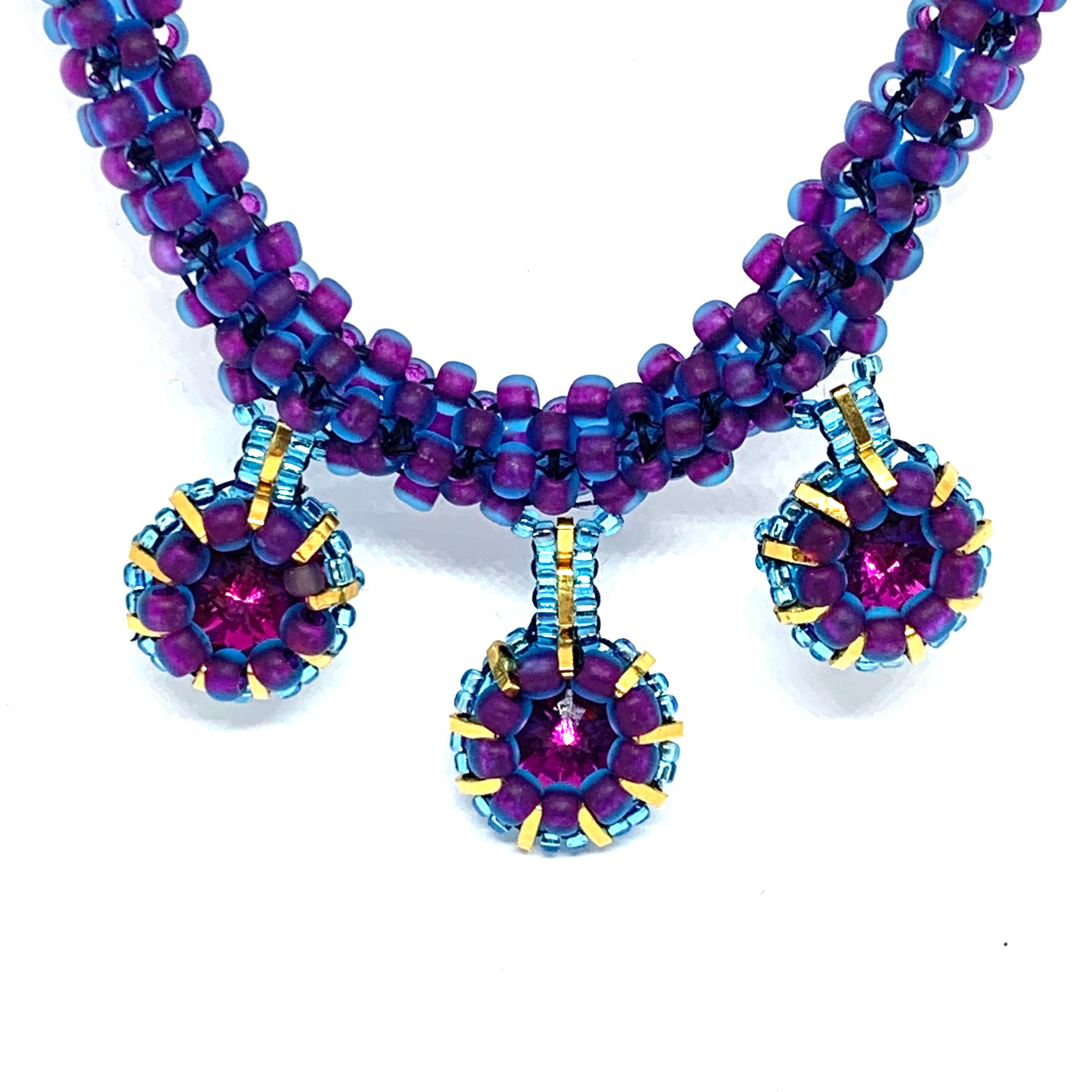 Three Pendant Necklace Fuchsia Crystals Framed in Gold-plated - Etsy