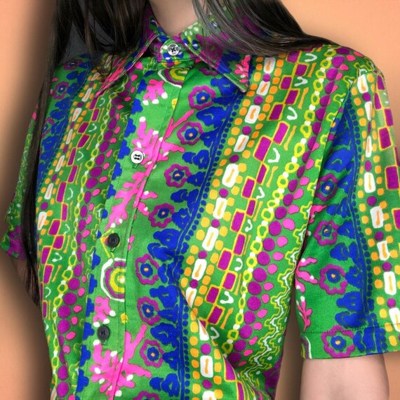70s Vintage Rave Neon Abstract Button down Tee - Gem