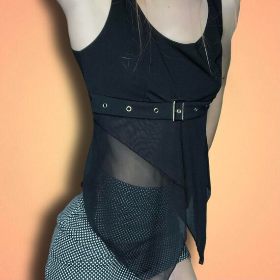 90s Vintage Rave Black Split Front Mesh Crop Tank - Gem
