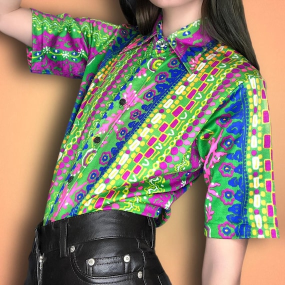 70s Vintage Rave Neon Abstract Button down Tee - Gem