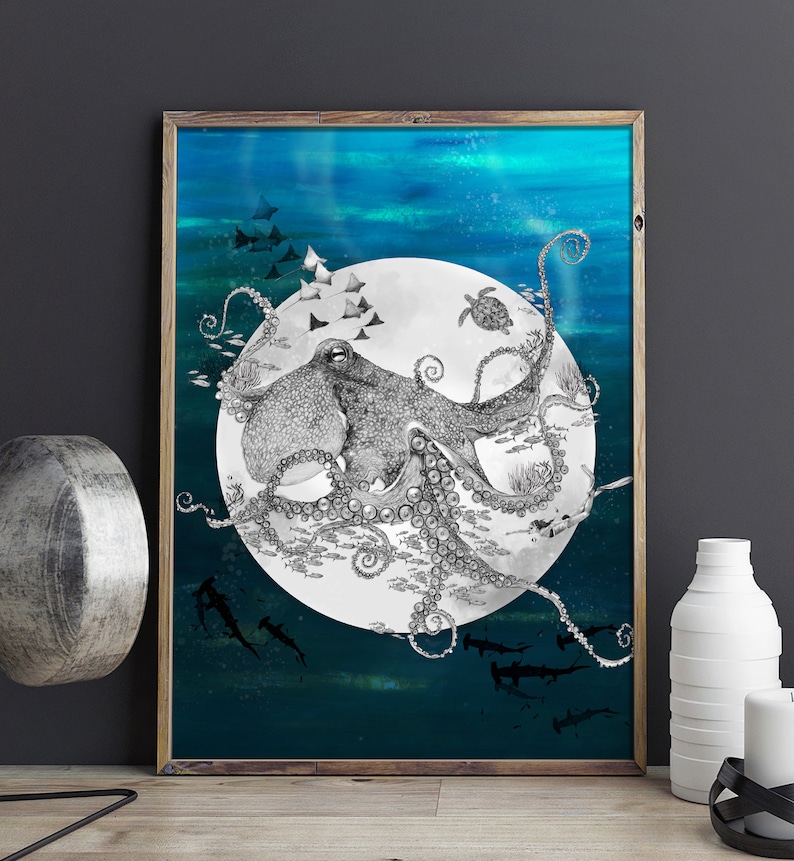 Blue Planet Fine Art Print, A4, A3 or A2 - Underwater Scene, Octopus - Etsy
