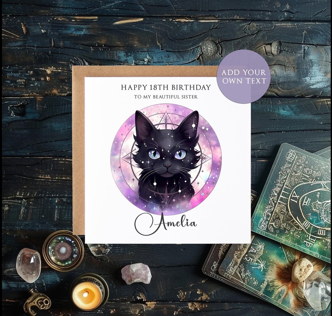 Gothic Black Cat Birthday Card, Personalised Birthday Card, Wiccan Greeting Card for Friend ...