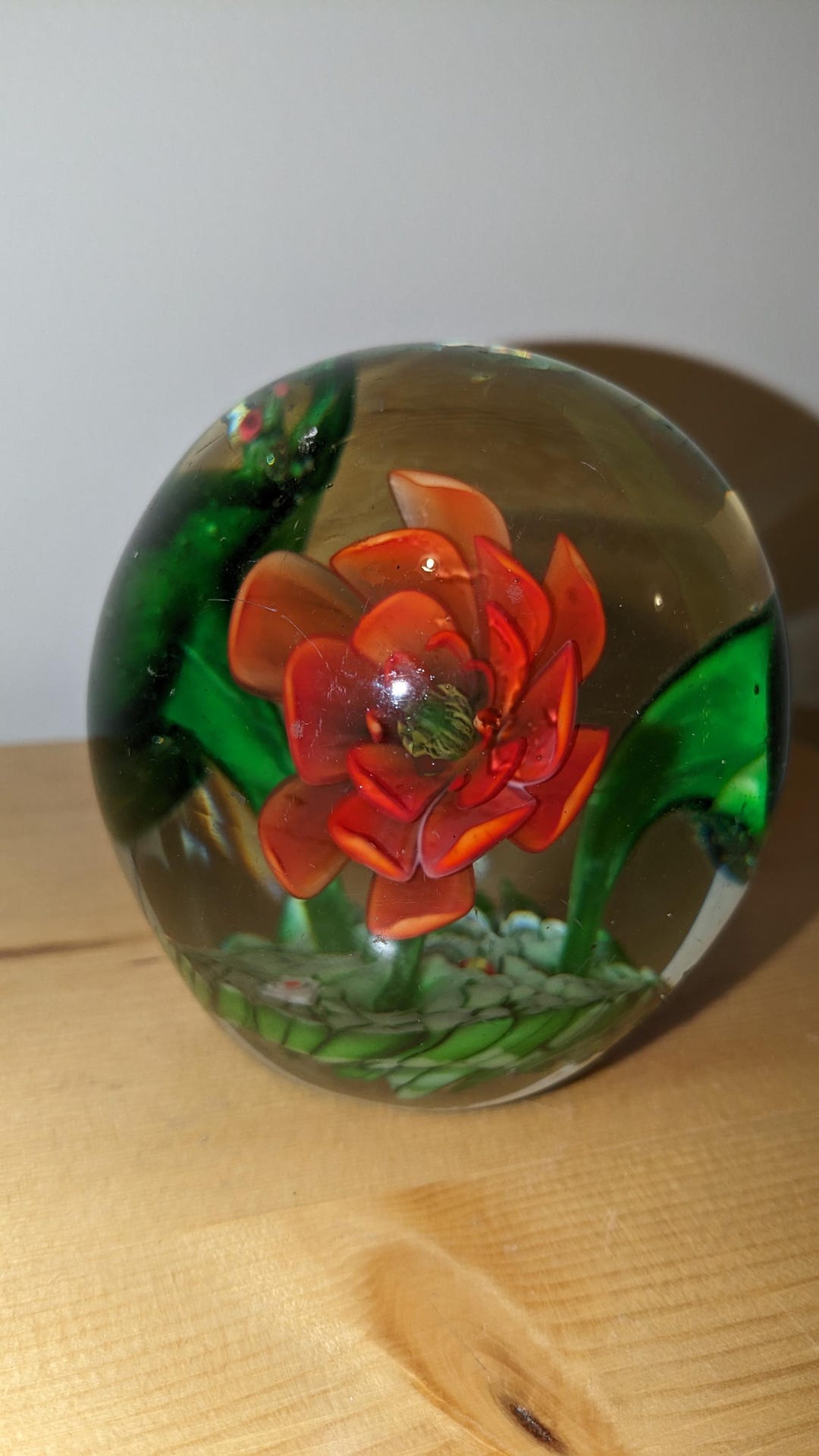 Mid Century Large Glass Paperweight With Red Flower - Etsy