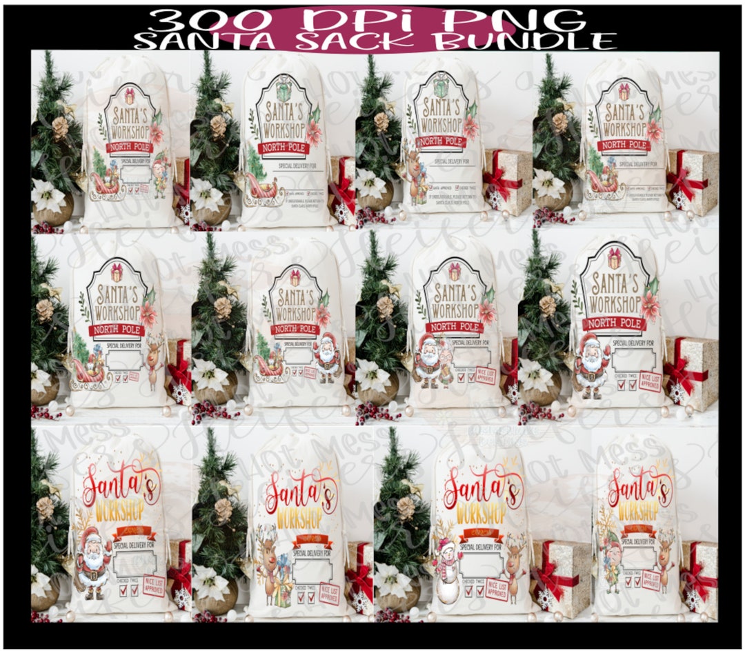 12 Santa Sack Designs PNG Bundle - Sublimation, Waterslide, Decal ...
