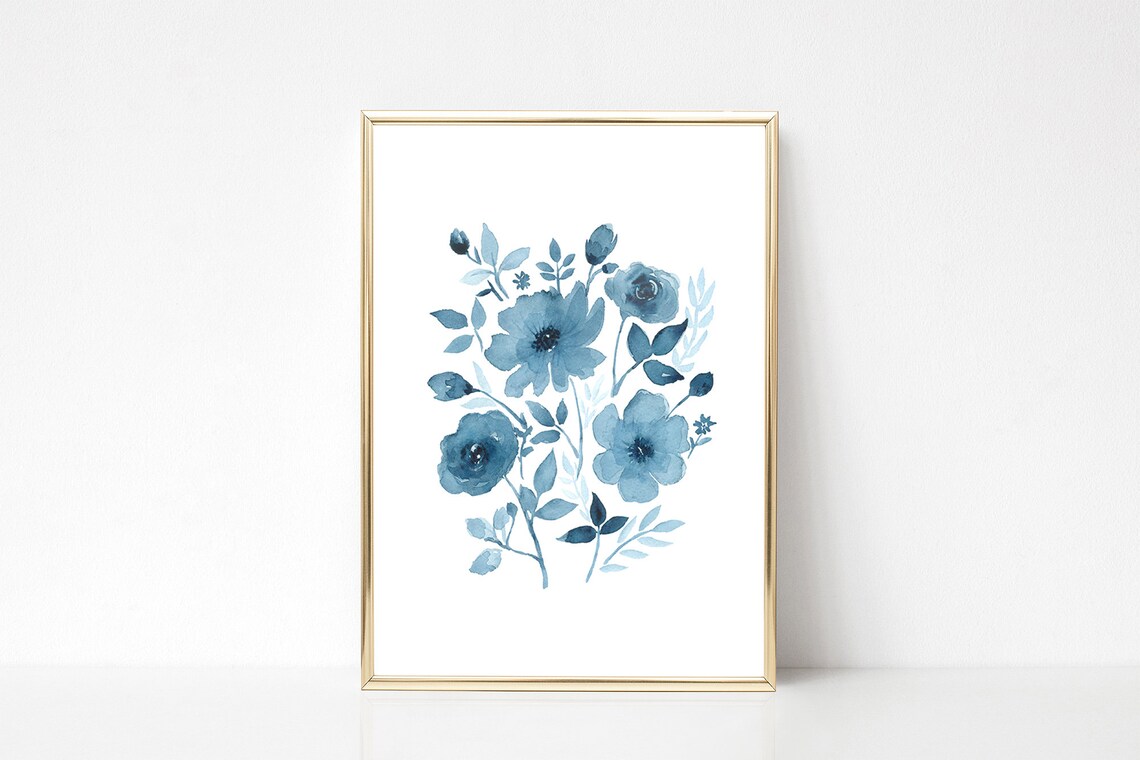 Blue Flower Print Printable Wall Art Abstract Floral Bouquet | Etsy