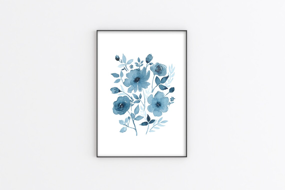 Blue Flower Print Printable Wall Art Abstract Floral Bouquet | Etsy