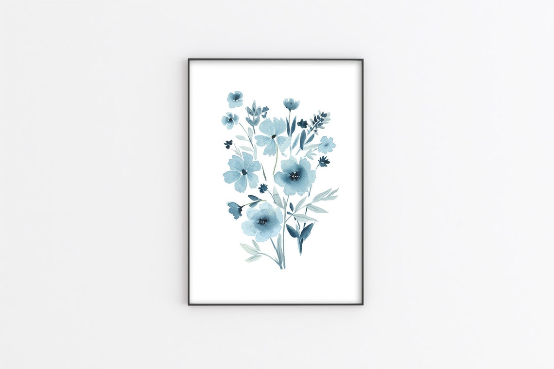 Blue Flower Print Printable Wall Art Abstract Floral Bouquet - Etsy