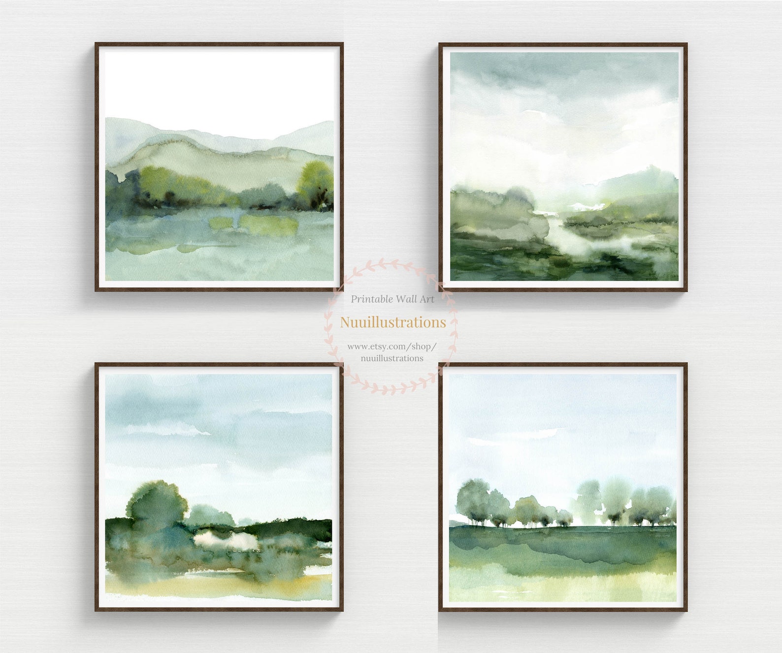 Green Watercolor Landscape Print Set of 4 Printable Poster - Etsy