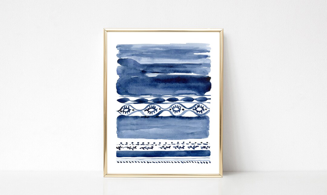 White and Blue Print Bohemian Watercolor Printable Wall Art Instant ...