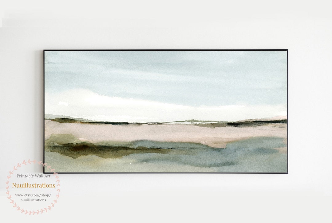 Panoramic Neutral Field Landscape Printable Wall Art Watercolor Print ...