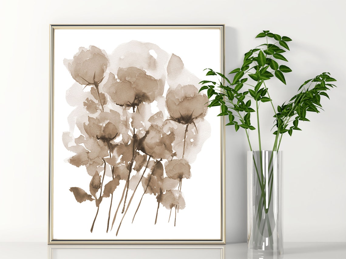 Watercolor Flower Print Sepia Brown Printable Wall Art - Etsy