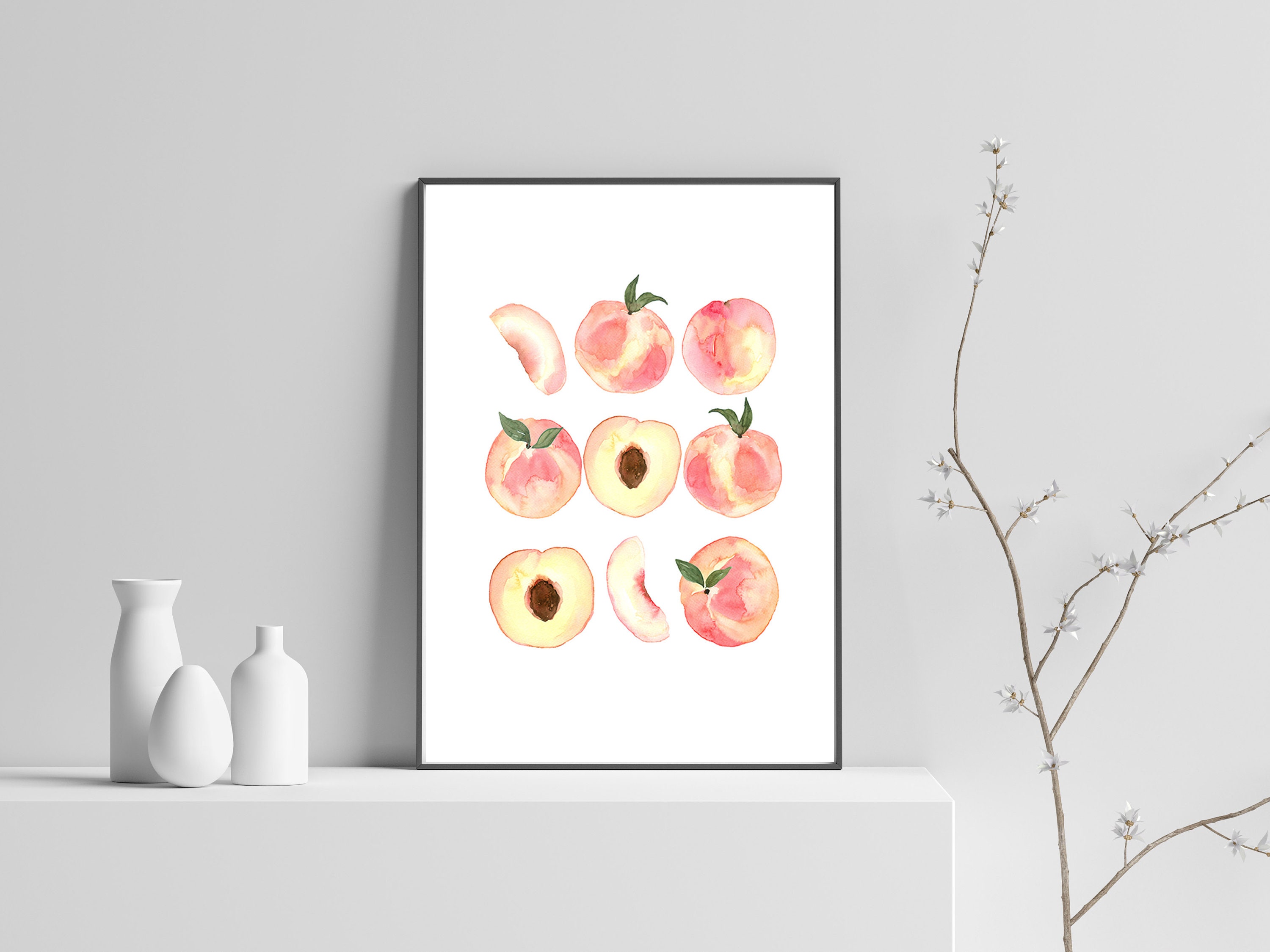 Watercolor Peach Fruit Print Printable Wall Art instant | Etsy