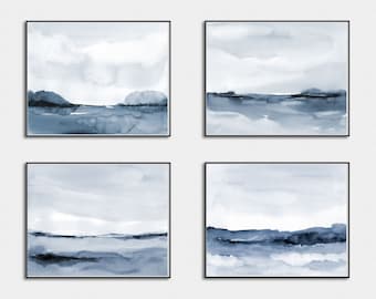 Blue Landscape Print Set of 3 Minimal Landscape Wall Art | Etsy