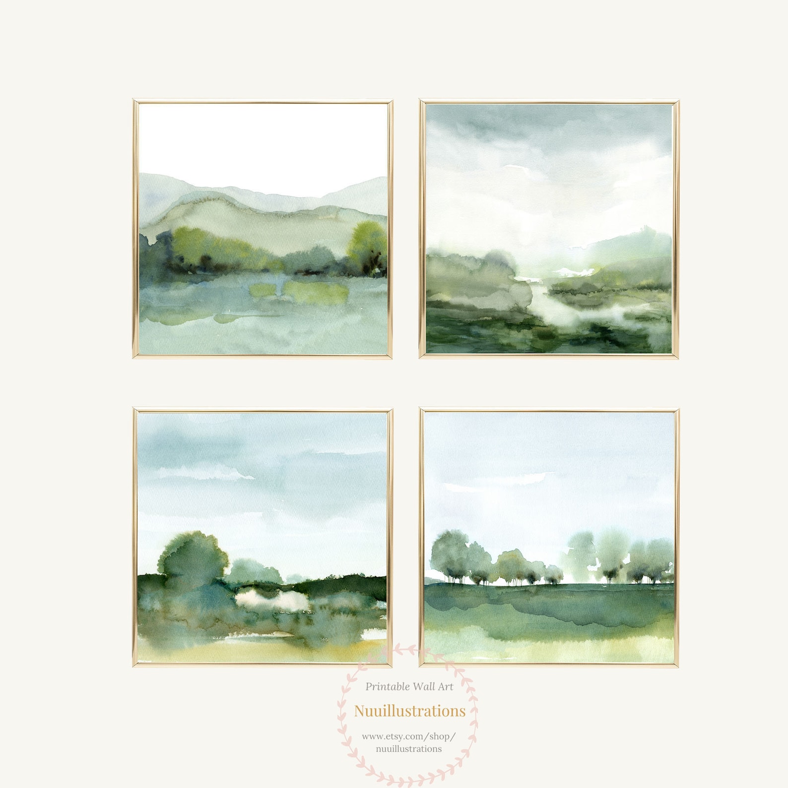 Green Watercolor Landscape Print Set of 4 Printable Poster - Etsy