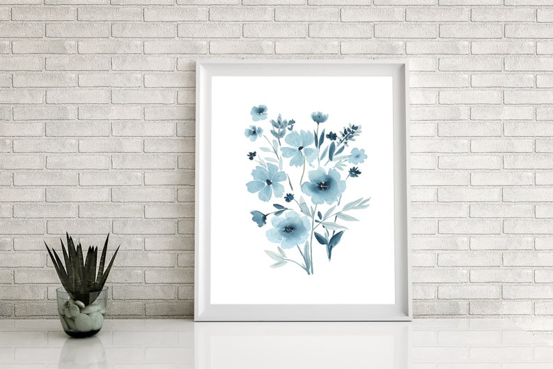 Blue Flower Print Printable Wall Art Abstract Floral Bouquet - Etsy