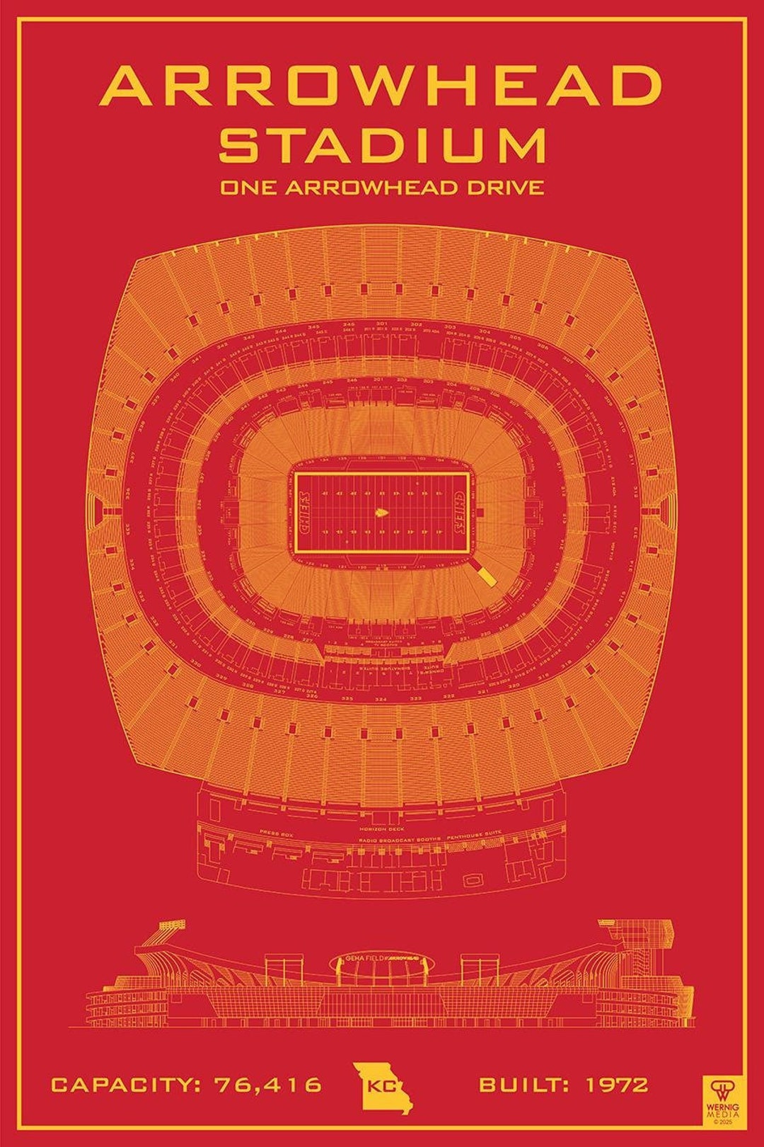 GEHA Field at Arrowhead Stadium 20" X 30" Print - Red/gold (home of the ...