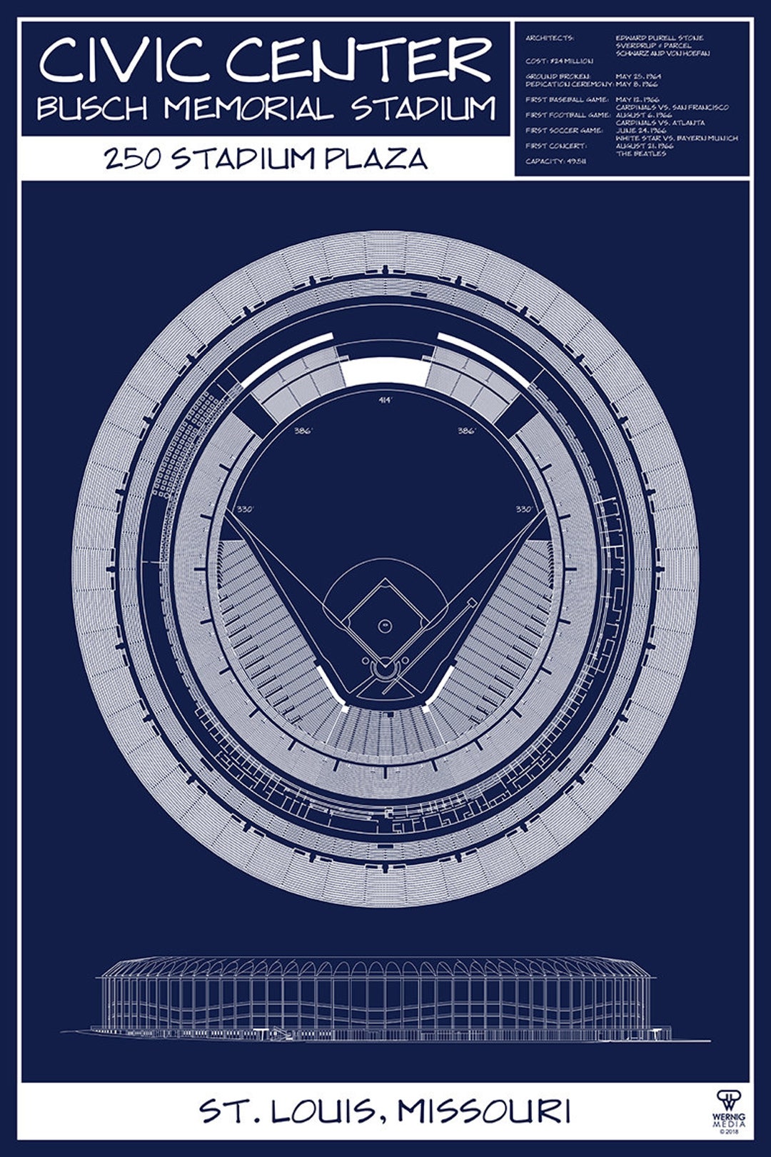 Busch Stadium 1966 Historical Blueprint 30" X 20" St. Louis Cardinals ...