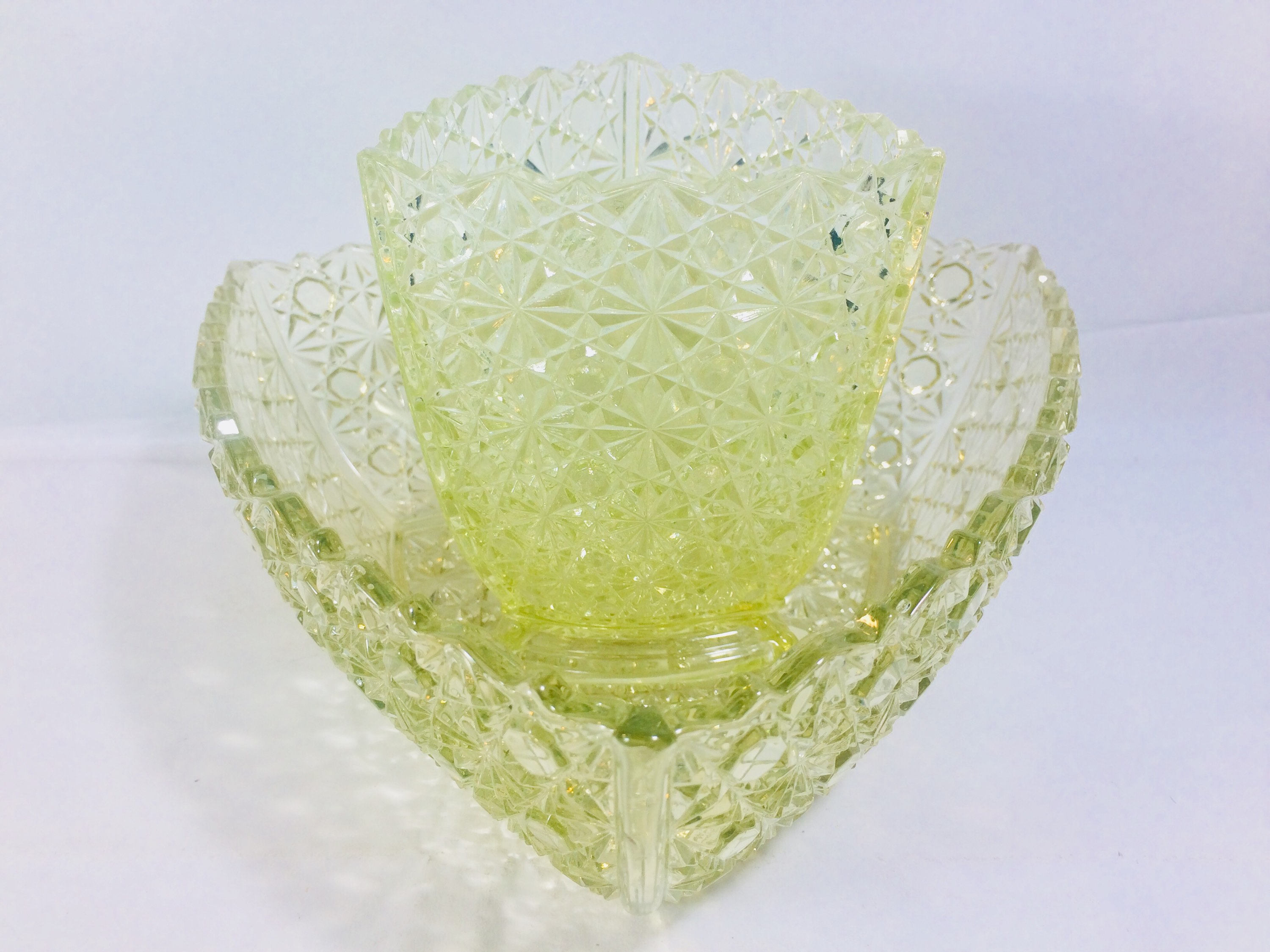 Vaseline Glass Dish, Pair of Two. Three Sided Dish. Triangle Dish ...