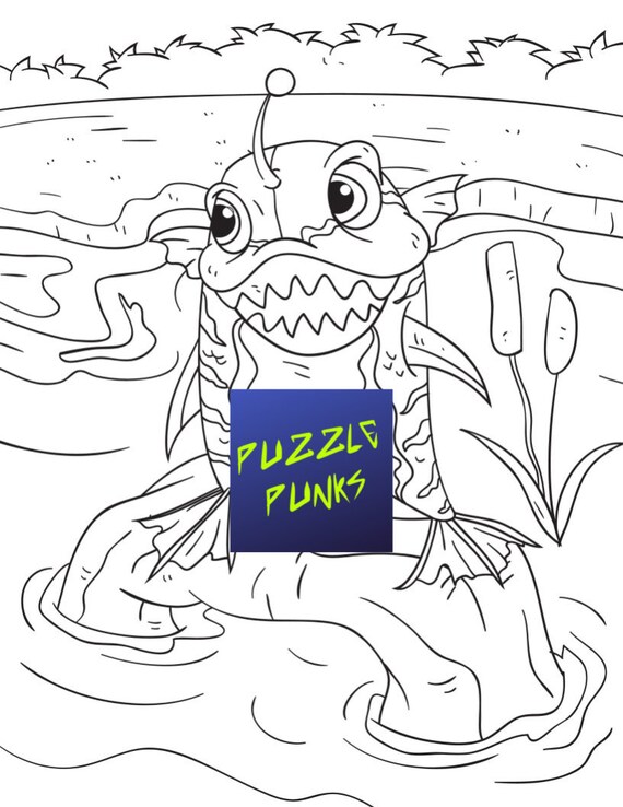 Fish Monster Printable Coloring Page | Etsy