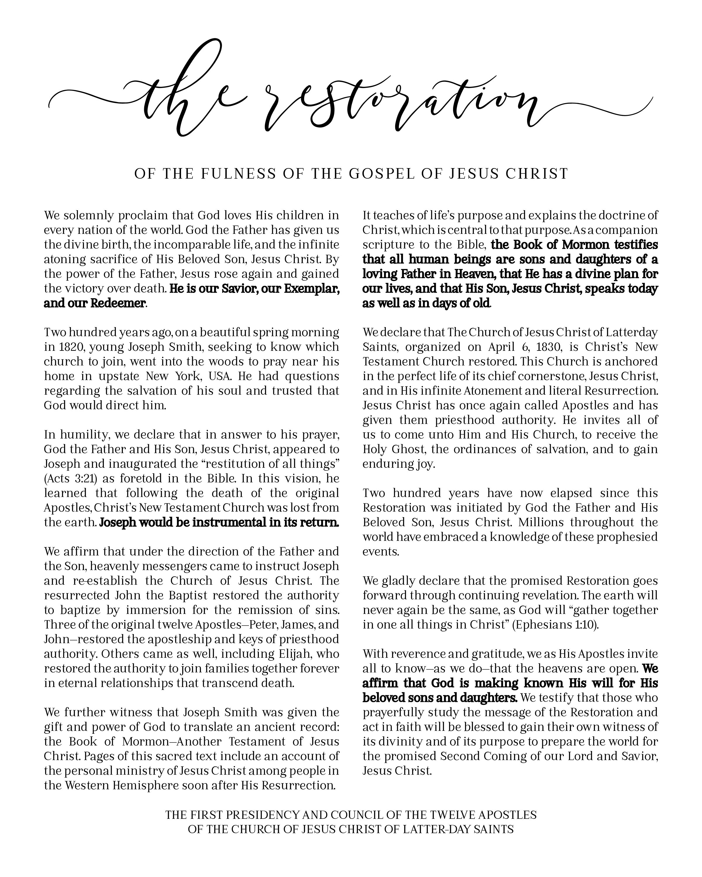 The Restoration Proclamation Print LDS Poster LDS Restoration ...