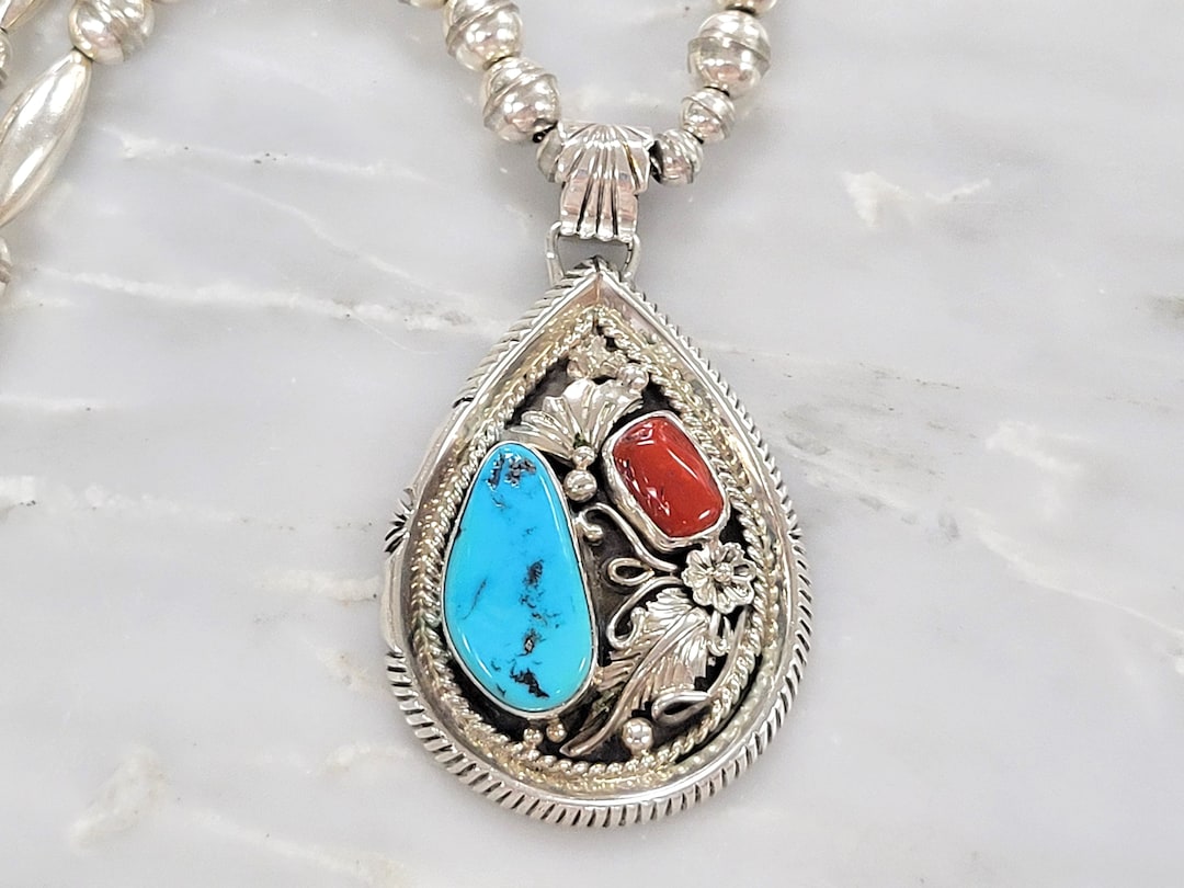Eugene Belone Navajo Sterling Silver Turquoise Coral Pendant Necklace ...