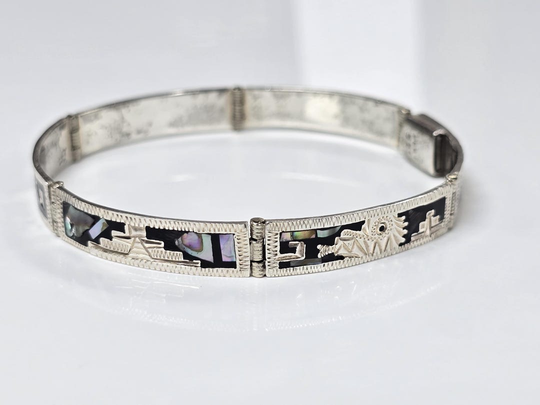 Vintage Sterling Silver Abalone Aztec Link Bracelet Size 7 In - Etsy
